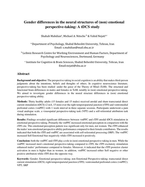 Pdf Gender Differences In The Neural Structures Of Non Emotional Perspective Taking A Tdcs