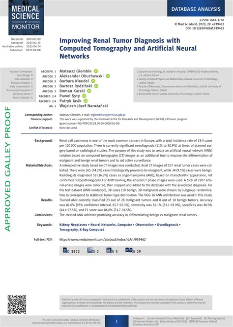 Pdf Improving Renal Tumor Diagnosis With Computed Tomography And Artificial Neural Networks