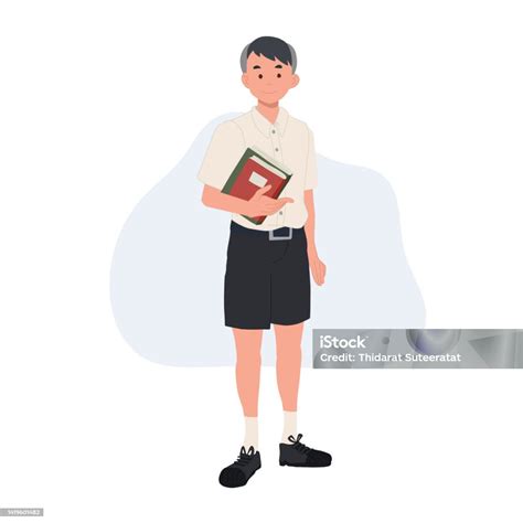 교복을 입은 아시아 학생 태국 학생 소년이 한 손에 책을 들고 있습니다 학습 학교 개념으로 돌아 가기 벡터 예시 고등학교에 대한 스톡 벡터 아트 및 기타 이미지 Istock
