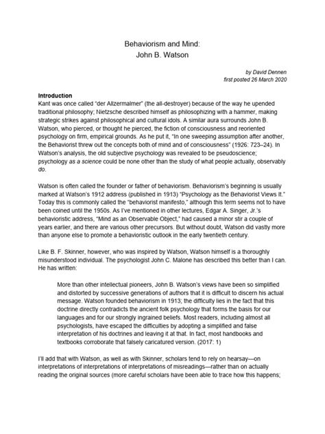 Behaviorism And Mind John B Watson Pdf Psychology Behaviorism