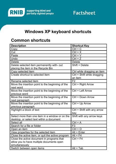 Windows Xp Keyboard Shortcuts Common Shortcuts Rnib