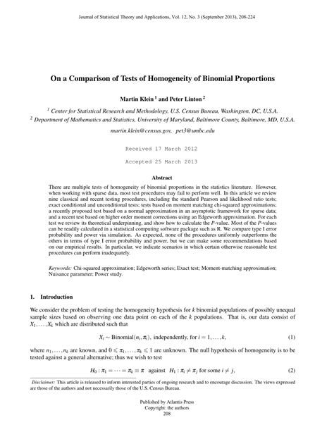 Pdf On A Comparison Of Tests Of Homogeneity Of Binomial Proportions