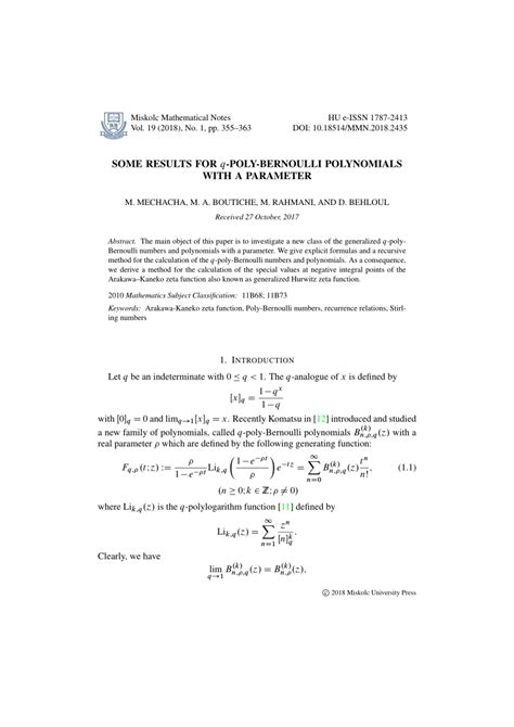 Pdf Some Results For Q Poly Bernoulli Polynomials With A Parameter