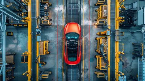 Top Down View Of A Red Electric Car Assembly In High Tech Manufacturing