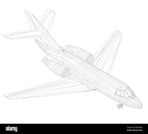 Passenger Aircraft Wireframe From Black Lines Isolated On White Background Isometric View 3d