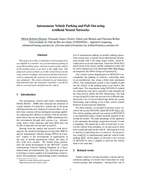 Pdf Autonomous Vehicle Parking And Pull Out Using Artificial Neural Networks