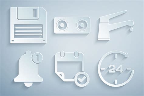 확인 표시 수도꼭지 벨 시계 24시간 스테레오 스피커 및 플로피 디스크 아이콘으로 캘린더를 설정합니다 벡터 24에 대한 스톡