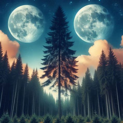 Pine Forest With Twin Moons Tall Pine Trees Stand Silent And Maj Stock Illustration
