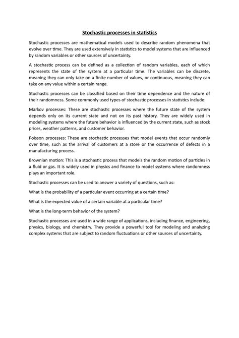 Stochastic Processes In Statistics Stochastic Processes In Statistics