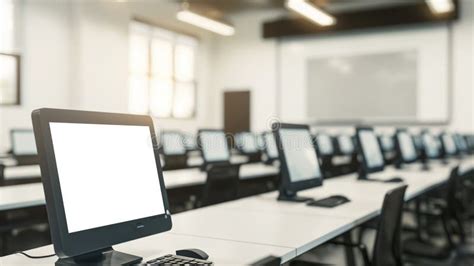 empty computer lab with rows of monitors and keyboards on white desks