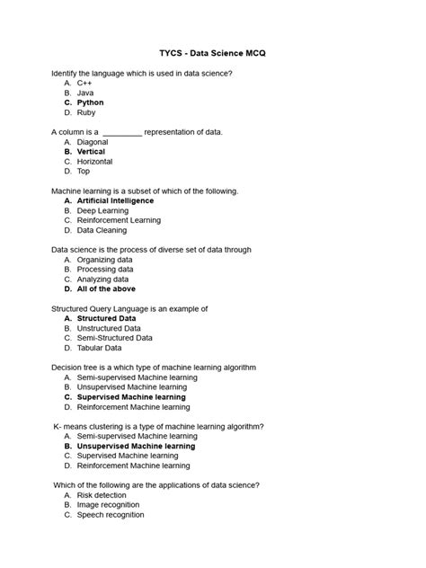 Tycs Data Science Mcq Pdf Machine Learning Data Warehouse