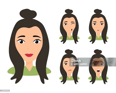다른 감정을 가진 여성 젊은 캐릭터 얼굴 세트 행복 한 갈색 머리 소녀 화가 불행 웃 고 무서 워 와우 재미 감정 벡터 일러스트