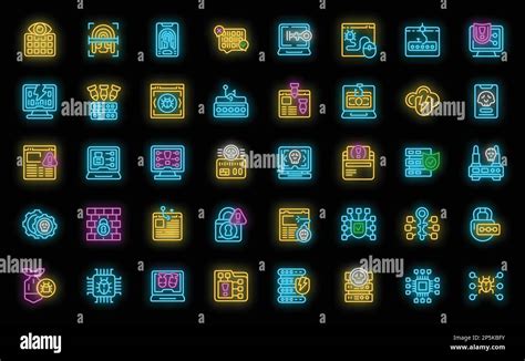 Hacker Attack Icons Set Outline Vector Fraud Attack Criminal Cyber Neon Color On Black Stock