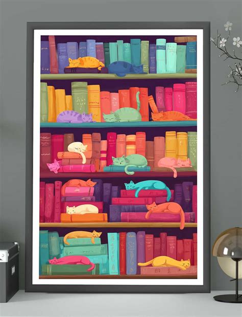 Books And Cats Wall Art Print Funny Vintage Decor T For Book Lover