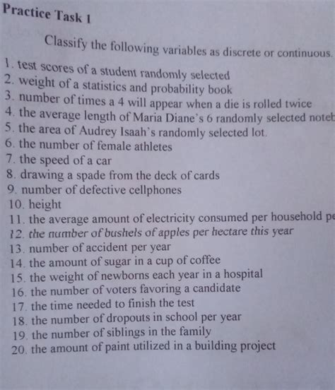Solved Practice Task Classify The Following Variables As Discrete Or Continuous Test