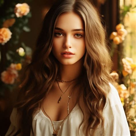 A Girl With Long Brown Hair Lively Big Green Eyes Close Upfocus On