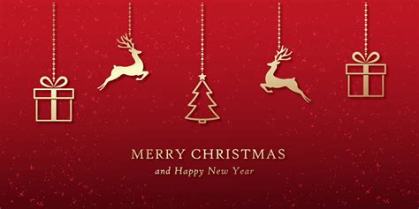 매달려 골드 크리스마스 기호 사슴 선물 상자 빨간색 배경에 크리스마스 트리 새해 인사말 카드 벡터 일러스트 레이 션 빨간색 배경에 대한 스톡 벡터 아트 및 기타 이미지