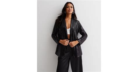Black Disco Sequin Ruched Sleeve Blazer New Look