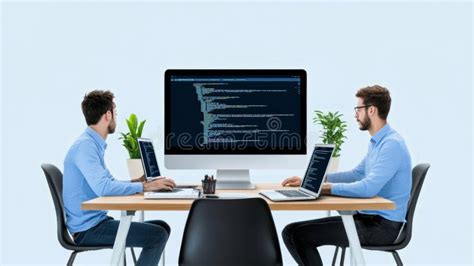 Two Programmers Working On Code At Desk With Laptops And Desktop