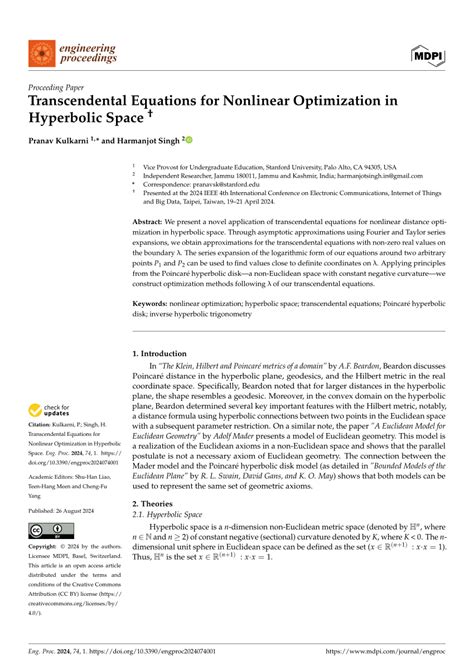Pdf Transcendental Equations For Nonlinear Optimization In Hyperbolic