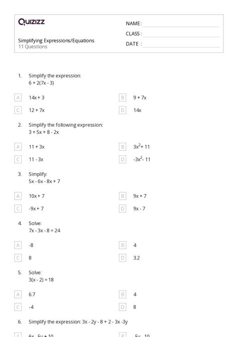 Expressions And Equations Th Grade Worksheets