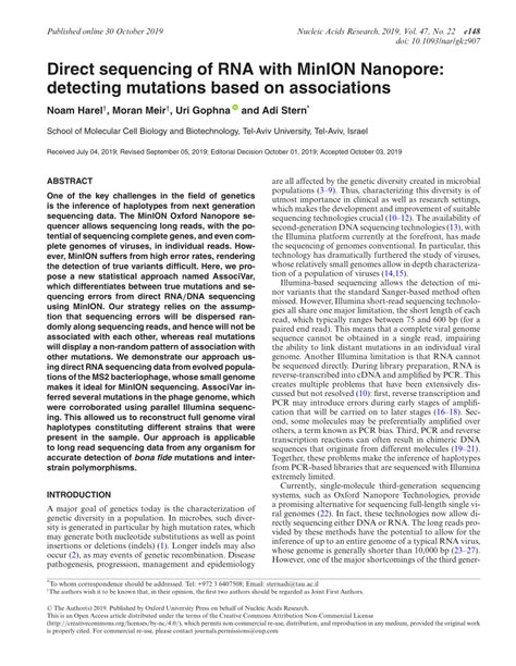 Pdf Direct Sequencing Of Rna With Minion Nanopore Detecting Mutations Based On Associations