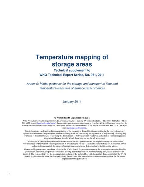 Temperature Mapping Of Storage Areas Technical Supplement To Who Technical Report Series No