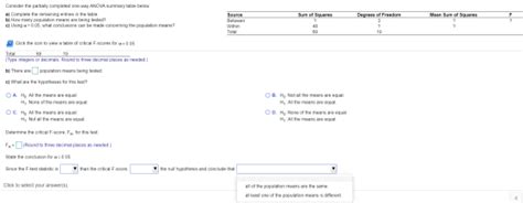 Consider The Partially Completed One Way Anova Summary Table Below A