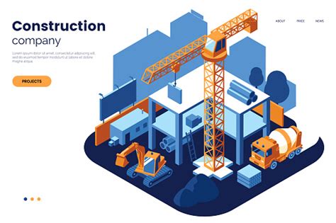건설 현장 및 건설 장비의 등각 투영 그림 타워 크레인 콘크리트 믹서 굴삭기 부동산 개발자 웹 페이지 인포그래픽 프로모션에 이상적입니다 건설 산업에 대한 스톡 벡터 아트 및