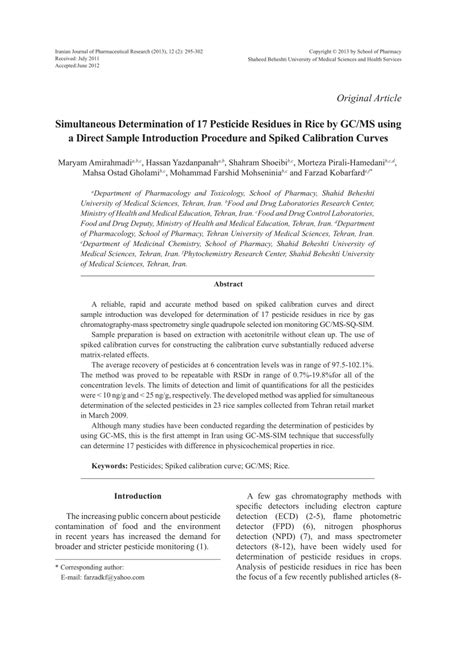 Pdf Simultaneous Determination Of 17 Pesticide Residues In Rice By Gcms Using A Direct Sample