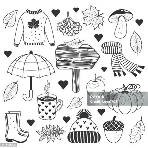 가을 흑백 컬렉션 가을 단풍 호박 도토리 스웨터 모자 스카프 뜨거운 차 한잔 버섯 및 가을의 다른 상징으로 설정된 클립 아트 격리된 개체입니다 벡터 일러스트레이션 개요 0