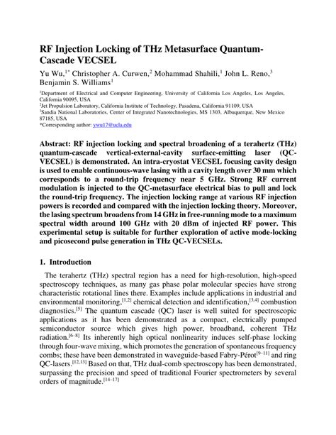 Pdf Rf Injection Locking Of Thz Metasurface Quantum Cascade Vecsel