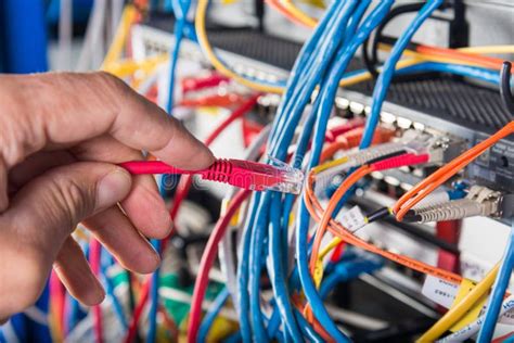 Hand With Red Ethernet Cable Stock Image Image Of Ethernet Plugging 287456007
