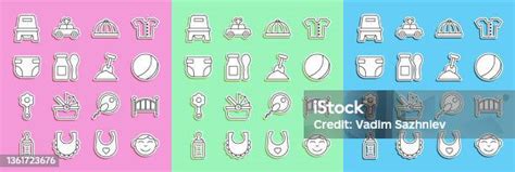 세트 라인 리틀 보이 헤드 아기 침대 요람 침대 비치 볼 모자 숟가락 기저귀 변기와 샌드 박스 모래와 삽 아이콘병 요구르트 벡터 건강 진단에 대한 스톡 벡터 아트 및 기타