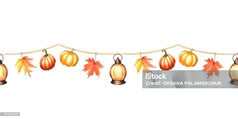 랜턴과 단풍잎과 호박 가을 완벽 한 국경입니다 추수 감사절이나 할로윈에 가을 장식 손으로 그린 수채화 그림이 분리되어 있습니다 포장지 직물 엽서를 위한 템플렛 0명에 대한