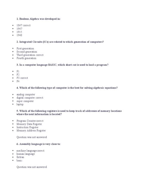 Computer Fundamentals Quiz Exploring Concepts Related To Boolean