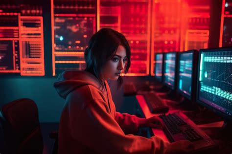 premium photo a woman sitting in front of a computer monitor
