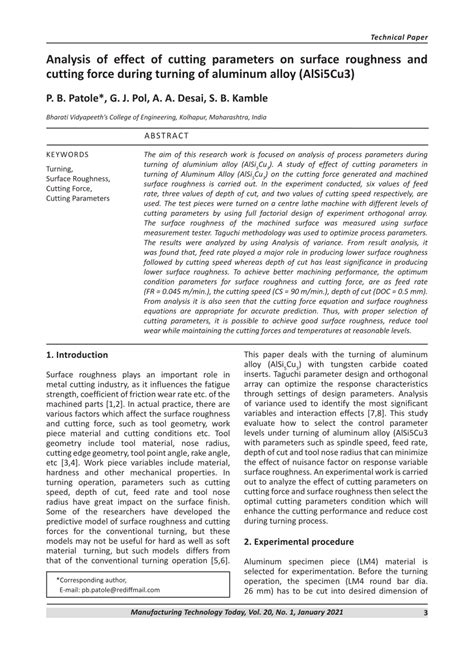 Pdf Analysis Of Effect Of Cutting Parameters On Surface Roughness And