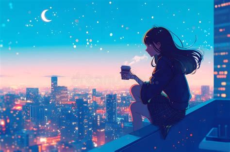 Anime Evening Girl On Rooftop At Dusk Anime Girl Sitting On Building