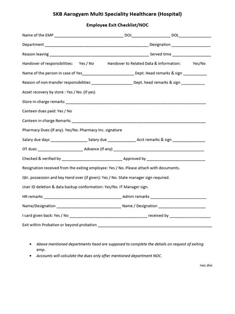 Noc Employee Exit Checklist Pdf