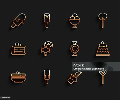 팬케이크 아이스크림 물린 초콜릿 바 롤리팝 크리스마스 사탕 지팡이 케이크 및 사탕 아이콘의 세트 라인 스택 벡터 검은색에 대한 스톡 벡터 아트 및 기타 이미지 Istock