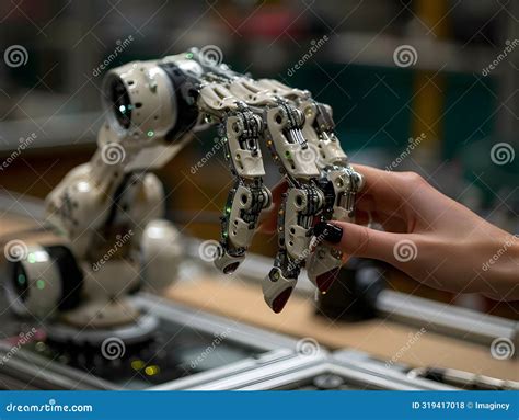 Robotic Arm Guidance By Human Hands In Industrial Setting Symbolizing Human Machine Stock