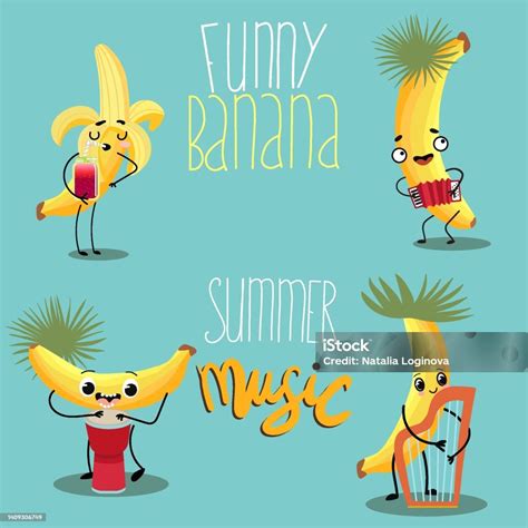 5 재미있는 미친 바나나 만화 캐릭터 롤러 스케이트에 바나나 기타 또는 우쿨렐레 안경 착용 악기 삼각형 재미있는 바나나 레터링의 벡터 일러스트 레이 션 세트 감정에 대한