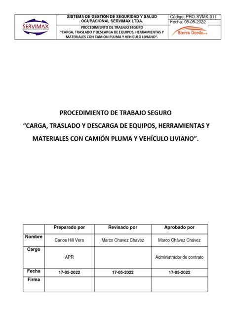 Svmx Pts 011 Procedimiento De Trabajo Seguro Carga Tr Pdf Camión