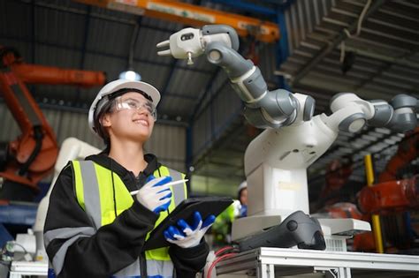 premium photo female engineer check and control automation robot arms machine in intelligent