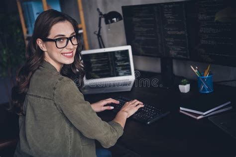 Photo Of Smiling Cheerful Lady System Admin Wear Spectacles Creting