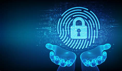 Fingerprint With Padlock Icon Made With Binary Code In Wireframe Hands Personal Data Protection