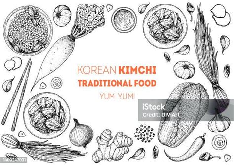 김치 요리와 김치를위한 재료 스케치 일러스트레이션 한국 요리 프레임 건강한 음식 디자인 요소 손으로 그린 패키지 디자인 아시아 음식 건강한 식생활에 대한 스톡 벡터 아트 및