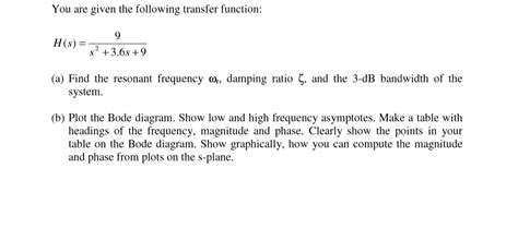 Solved Given The Following Transfer Function Find A