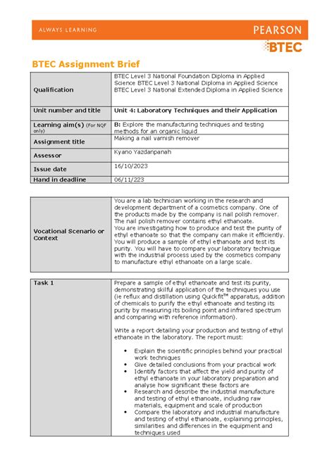 Assignment Brief For Learning Aim B Unit 4 Btec Assignment Brief